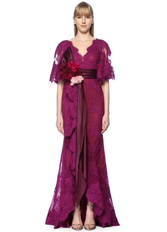 Marchesa Couture Kadın Mor Çiçekli Kuşaklı Maksi Dantelli Abiye Elbise Pembe 6 US