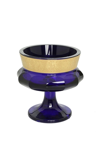 Moser Mavi Gold İşlemeli Ayaklı Kristal Dekoratif Kase Lacivert