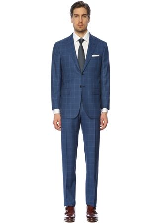 Kiton Erkek Mavi Ekose Desenli Yün Takım Elbise 52 IT