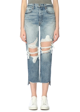 Grlfrnd Kadın Helena Yıpratmalı Boru Paça Jean Pantolon Mavi 28 US