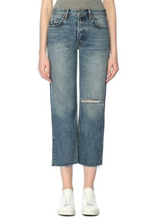 Grlfrnd Kadın Maran Yıpratmalı Geniş Paça Jean Pantolon Lacivert 26 US