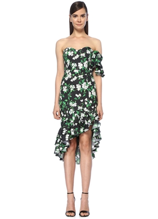 Caroline Constas Kadın Cam Siyah Çiçekli Asimetrik Midi Volanlı Elbise XS EU