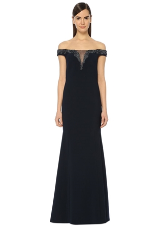 Theia Kadın Lacivert Omzu Açık İşlemeli Maksi Abiye Elbise 4 US