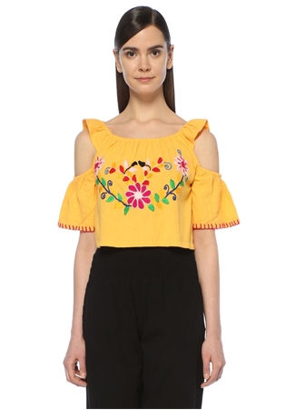 Sensi Studio Kadın Sarı Omzu Açık Çiçek Nakışlı Kısa Bluz S EU