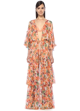 Saloni Kadın Nikki B Turuncu Çiçekli Maksi İpek Plaj Elbisesi 6 US