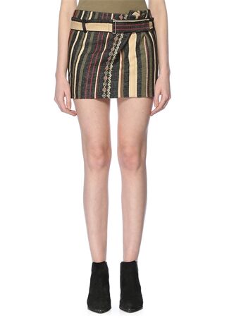 Kadın Çizgili Beli Kemerli Mini İpek Etek 38 FR