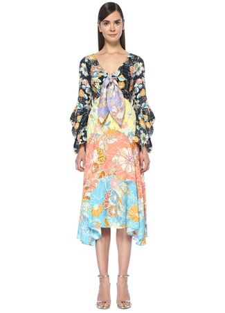 Peter Pilotto Kadın V Yaka Önü Bağcıklı Çiçekli Volanlı Midi Elbise Siyah 0 US