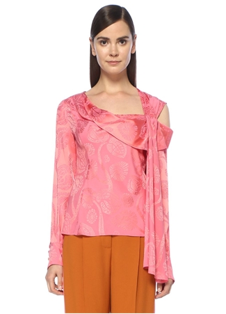 Peter Pilotto Kadın Pembe Çiçek Jakarlı Asimetrik Yaka Saten Bluz 0 US