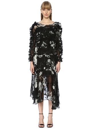 Preen By Thornton Bregazzi Kadın Ermin Siyah Çiçekli Fırfırlı Midi İpek Elbise M EU