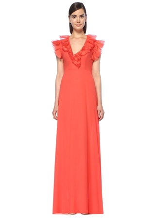 Giambattista Valli Kadın Mercan Derin V Yaka Volanlı Maksi İpek Elbise Kırmızı 42 IT