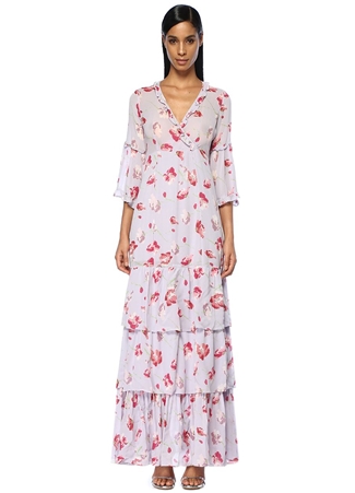 By Timo Kadın Lila V Yaka Çiçek Desenli Fırfırlı Maxi Elbise Mor XS EU