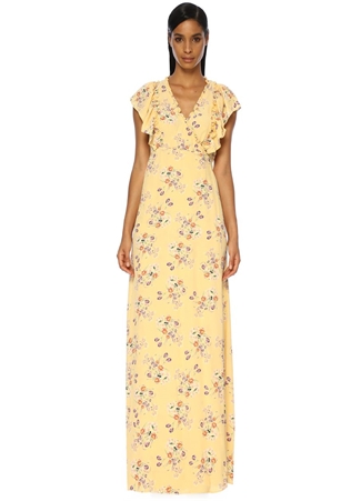 By Timo Kadın Bohemian Sarı Çiçek Baskılı Fırfırlı Maxi Elbise S EU