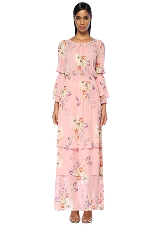 By Timo Kadın Pembe Bisiklet Yaka Çiçekli Fırfırlı Maxi Elbise XS EU