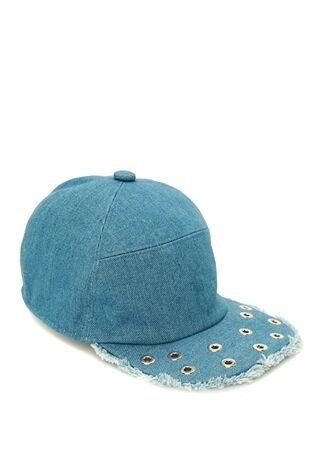 Inverni Kadın Mavi Kuş Gözü Detaylı Denim Şapka EU