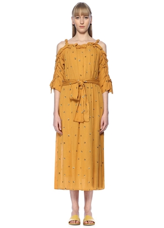 Sundress Kadın Gemma Hardal Omzu Açık İşlemeli Midi Elbise Sarı XS/S EU