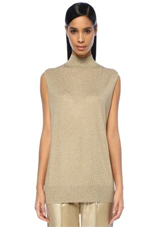 Emporio Armani Kadın Bej Dik Yaka Taş Baskılı Kolsuz Yün Triko 42 IT