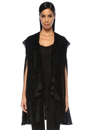 Academia Kadın Siyah Bağcıklı Leopar Desenli Kadife Pelerin 34