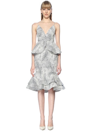 Leal Daccarett Kadın Beyaz Puantiyeli Midi Kokteyl Elbisesi Lacivert 6 US