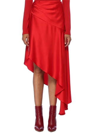 Monse Kadın Kırmızı Drapeli Asimetrik Midi Saten Etek 4 US