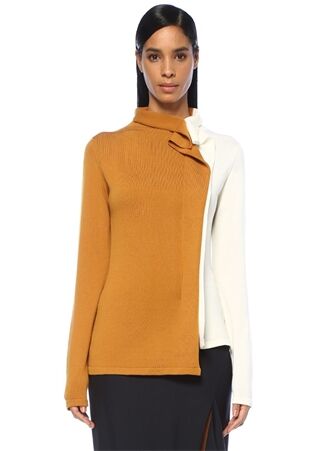 Monse Kadın Hardal Ekru Dik Yaka Colourblock Yün Kazak Sarı S EU