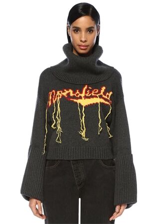 Monse Kadın Füme Degaje Yaka Yazı Jakarlı Düşük Kol Kazak Gri S EU