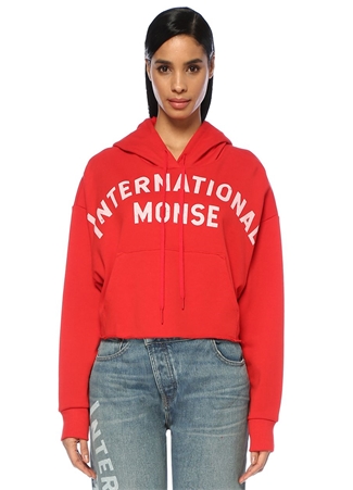 Monse Kadın Kırmızı Kapüşonlu Baskılı Oversize Crop Sweatshirt S EU