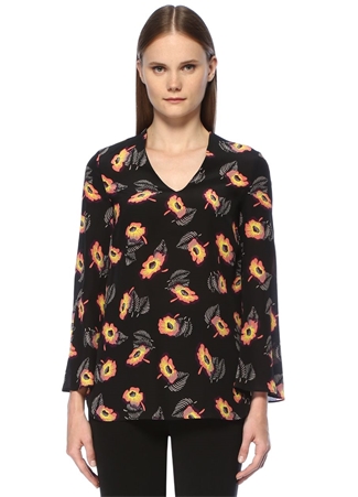 Etro Kadın Siyah Çiçekli V Yaka Çan Kollu İpek Bluz 38 IT