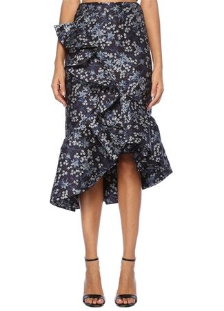 Johanna Ortiz Kadın Belladonna Lacivert Jakarlı Fırfırlı Midi Etek 4 US