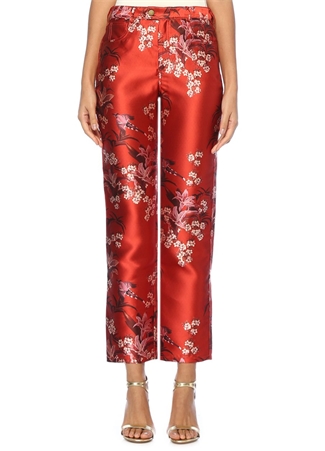 Johanna Ortiz Kadın Corajuda Kırmızı Çiçekli Yüksek Bel Saten Pantolon 4 US