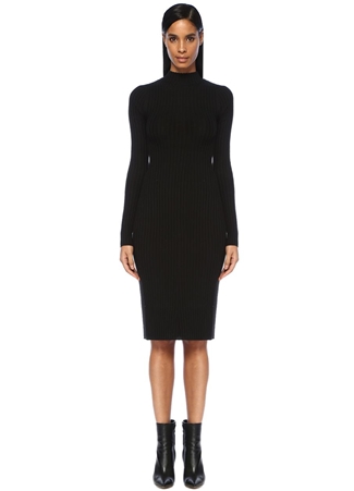 Zoe Jordan Kadın Siyah Dik Yaka Sırt Dekolteli Midi Triko Elbise XS EU