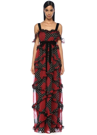 Valentino Kadın Kırmızı Siyah Puanlı Dantelli Maksi İpek Elbise 40 IT