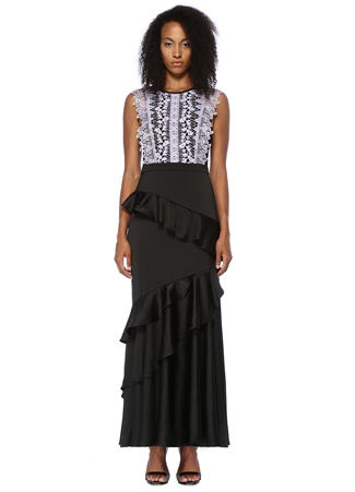 Three Floor Kadın Siyah Lila Dantelli Volanlı Maksi Elbise 8 US