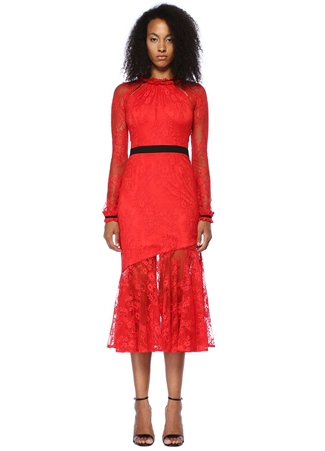 Three Floor Kadın Kırmızı Dantelli Şeritli Midi Kokteyl Elbise 0 US
