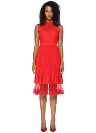 Three Floor Kadın Kırmızı Dantelli Pilili Midi Kokteyl Elbise 0 US