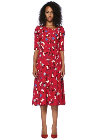 Erdem Kadın Iman Şeftali Çiçekli Omzu Açık Midi İpek Elbise Pembe 0 US