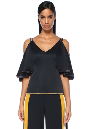 Peter Pilotto Kadın Lacivert V Yaka Omzu Açık Nakışlı Saten Bluz 0 US