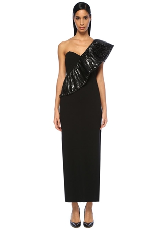 Alessandra Rich Kadın Siyah Tek Omuzlu Fırfırlı Çiçekli Midi Yün Elbise 42 IT