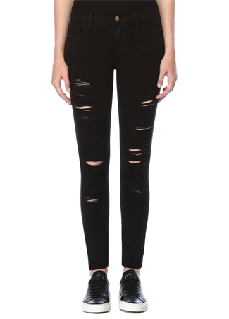Frame Denim Kadın Siyah Normal Bel Yıpratmalı Skinny Jean Pantolon 23 US