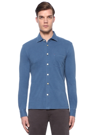 Kiton Erkek Mavi Polo Yaka Dokulu Cepli Gömlek Xl Eu