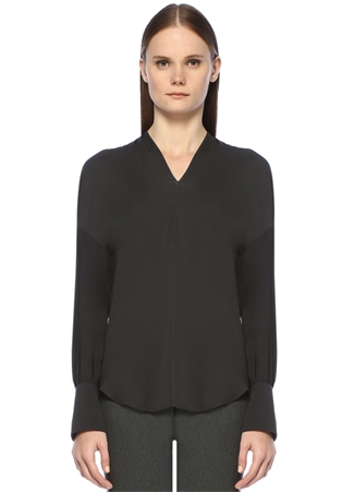 Brunello Cucinelli Kadın Antrasit V Yaka işlemeli Sırt Dekolteli İpek Bluz Gri XS EU
