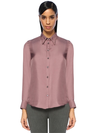 Brunello Cucinelli Kadın Mor İngiliz Yaka Şerit Detaylı İpek Gömlek Bordo S EU