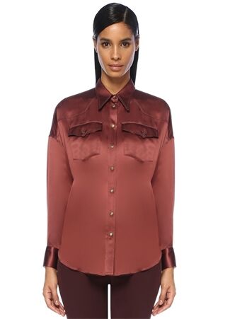 Brunello Cucinelli Kadın Bordo Düşük Omuzlu Saten İpek Gömlek S EU
