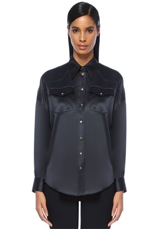 Brunello Cucinelli Kadın Lacivert Düşük Omuzlu Saten İpek Gömlek M EU