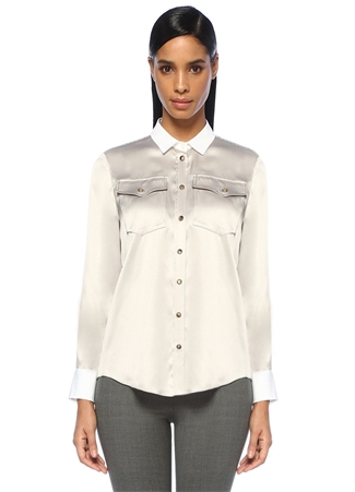 Brunello Cucinelli Kadın Gri Beyaz Zincir Şeritli İpek Saten Gömlek S EU