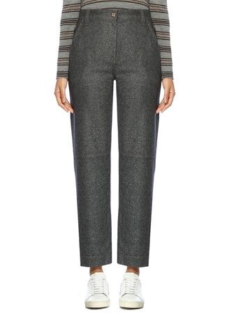 Brunello Cucinelli Kadın Füme Yüksek Bel Dikiş Detaylı Yün Pantolon Gri 38 IT