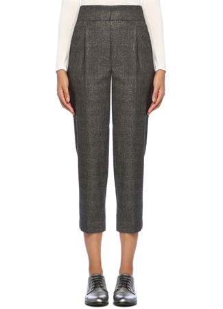 Brunello Cucinelli Kadın Siyah Dore Ekoseli Pilili Dar Paça Yün Pantolon 44 IT