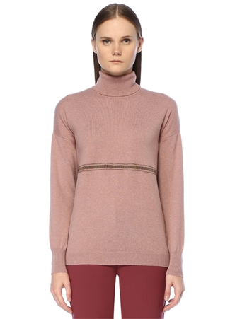 Brunello Cucinelli Kadın Pembe Balıkçı Yaka Taş İşlemeli Kaşmir Triko Bordo L EU