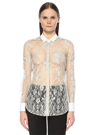 Brunello Cucinelli Kadın Ekru İngiliz Yaka Güpürlü Gömlek Beyaz S EU