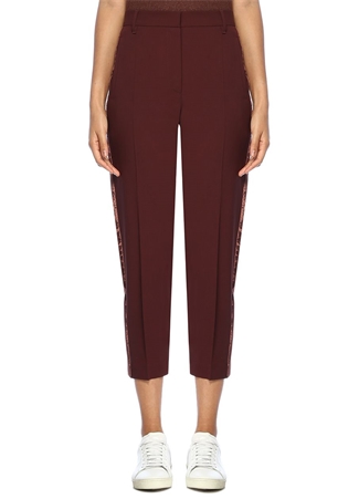Brunello Cucinelli Kadın Bordo Yüksek Bel Şeritli Cigarette Yün Pantolon 38 IT