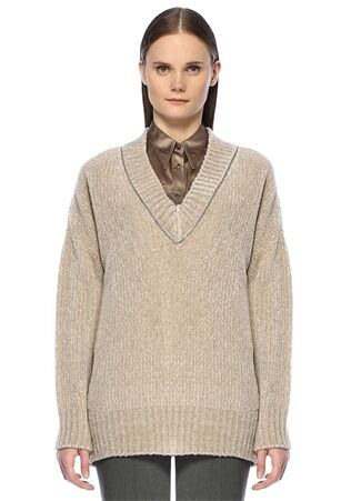 Brunello Cucinelli Kadın Krem V Yaka Düşük Omuzlu Dokulu Kaşmir Kazak Bej S EU